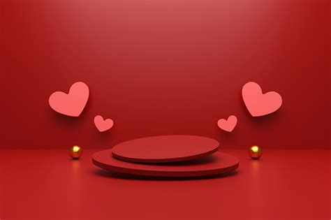 해피 발렌타인 데이 컨셉 기하학적 형태의 최소 장면입니다 실린더 포디움 디스플레이 또는 빨간색 배경의 제품에 대한 모형을 선보일 수 있습니다 3d 일러스트레이션 3차원