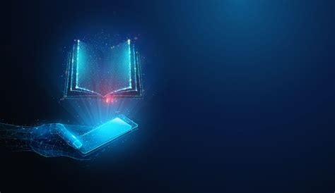 네온 입자로 만든 오픈 북 위에 Low Poly 스마트폰을 손에 들고 있습니다 Ereader 앱 온라인 교육 모바일 응용 프로그램 개념 와이어 프레임 메쉬 블루 배경에