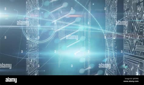 Image Of Dna Structure Spinning Over Screens Of Microprocessor Connections On Blue Background