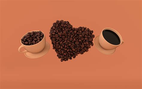 커피 한 잔과 사실적인 커피 콩 하트 3d 렌더링 배경 커피 콩의 질량을 닫습니다 가득 찬에 대한 스톡 사진 및 기타 이미지 가득 찬 갈색 개체 그룹 Istock