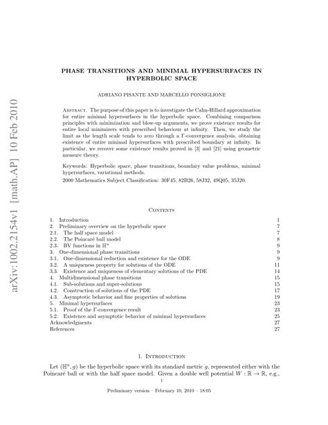 Pdf Phase Transitions And Minimal Hypersurfaces In Hyperbolic Space