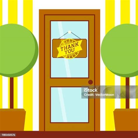 문 배너 벡터 일러스트에 텍스트 간판 을 주셔서 감사합니다 방이나 상점 입구의 측면에 냄비에 두 개의 나무 화려한 라인 과 배경 화면 유리 나무 문입니다 0명에 대한 스톡