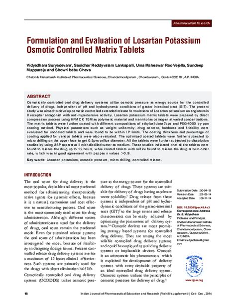 Pdf Formulation And Evaluation Of Losartan Potassium Floating Drug Delivery System