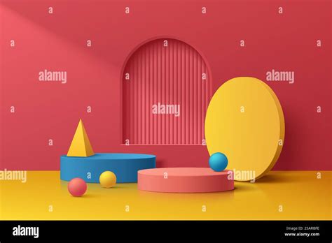 Abstract 3d Room With Realistic Blue Yellow And Red Geometric Pedestal Podium Set And Arch
