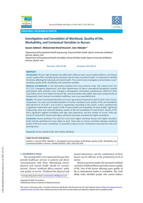 Pdf Investigation And Correlation Of Workload Quality Of Life