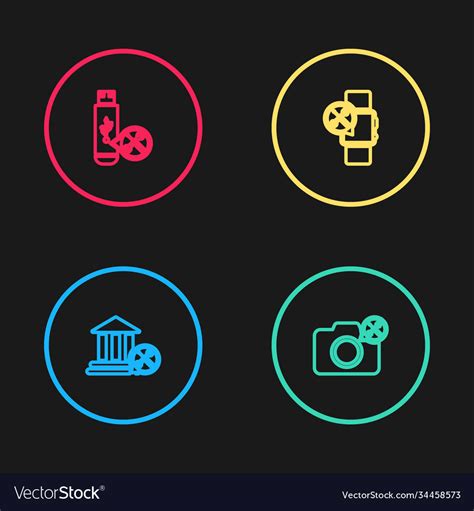 Set Line Bank Building Service Photo Camera Vector Image