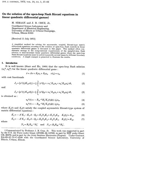 Pdf On The Solution Of The Open Loop Nash Riccati Equations In Linear Quadratic Differential