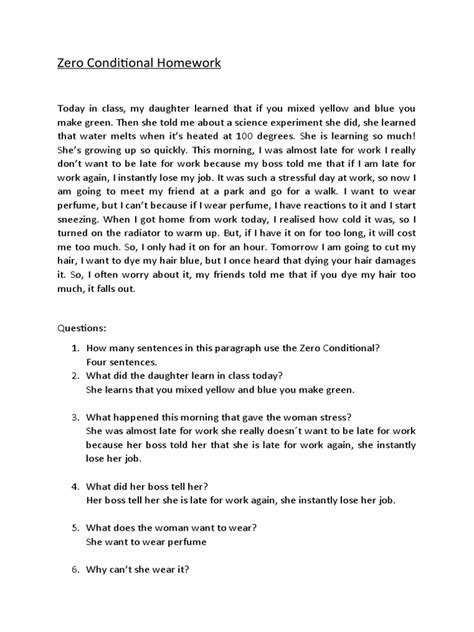 Zero Conditional Reading Comprehension Sheet Reading Comprehension