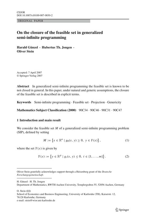 Pdf On The Closure Of The Feasible Set In Generalized Semi Infinite Programming