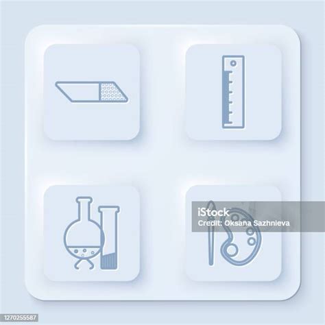 세트 라인 지우개 또는 고무 눈금자 테스트 튜브 및 플라스크 화학 실험실 테스트 및 팔레트페인트 브러시 흰색 정사각형 버튼 벡터 건강 검진에 대한 스톡 벡터 아트 및 기타