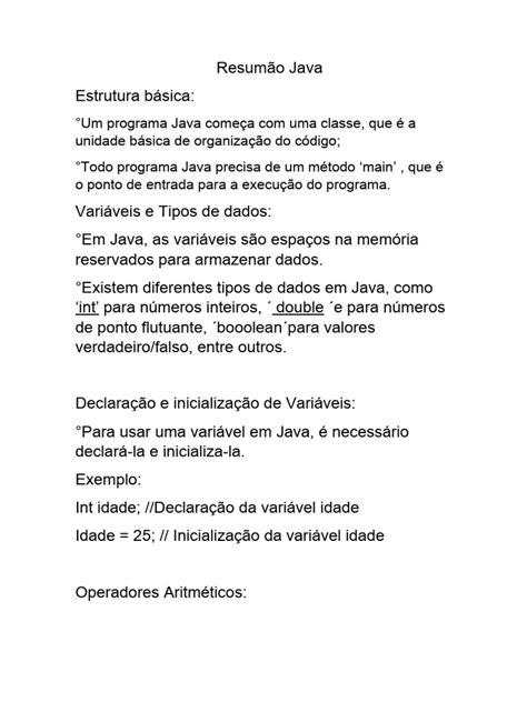 Resumão Java Pdf Tipo De Dados Controle De Fluxo