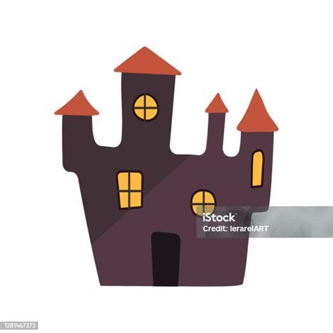 흰색 배경에 고립 된 평평한 스타일의 빛나는 노란색 창문과 성 실루엣 벡터 일러스트는 할로윈 모바일 응용 프로그램 또는 게임 애니메이션 비디오에 미니멀 한 디자인에