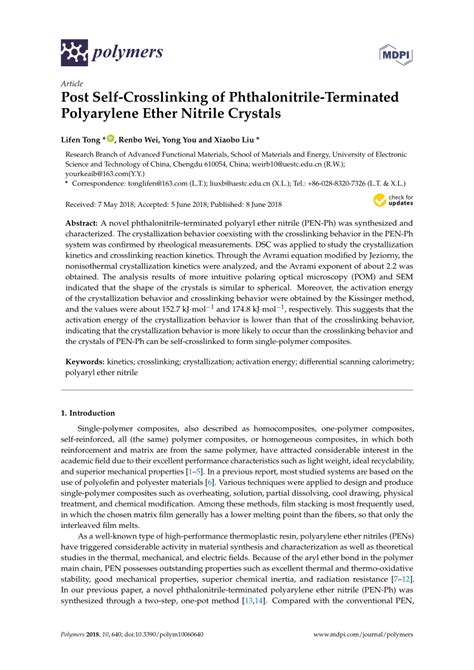 Pdf Post Self Crosslinking Of Phthalonitrile Terminated Polyarylene Ether Nitrile Crystals
