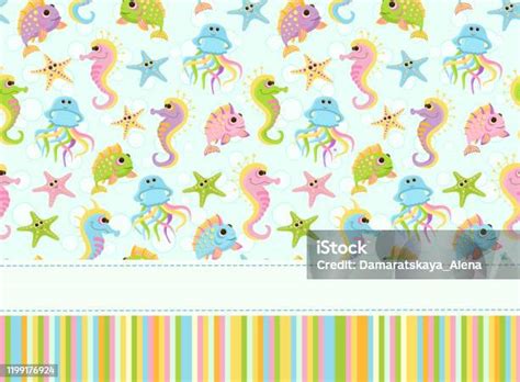 바다에서 물고기와 아기 패턴입니다 밝은 아이들은 바다에서 바다 말과 해파리 만화 배경 텍스트 에 대한 장소와 베이비 샤워 해양