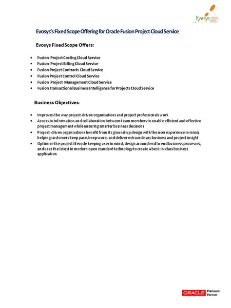 Evosys Fixed Scope Offering For Oracle Fusion Project Cloud Service Datasheets Pdf Cloud