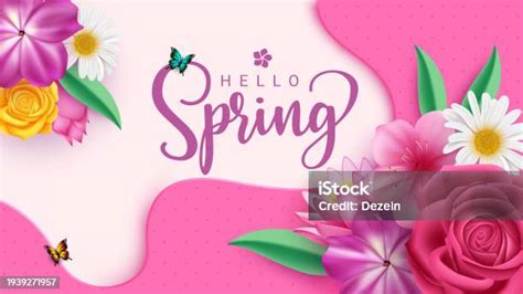 봄 텍스트 인사말 벡터 디자인입니다 안녕하세요 봄 인사말 카드 아름 답고 활짝 핀 꽃 0명에 대한 스톡 벡터 아트 및 기타 이미지 0명 계절 광고 Istock