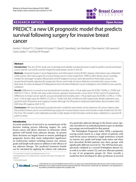 Pdf Predict A New Uk Prognostic Model That Predicts Survival Following Surgery For Invasive
