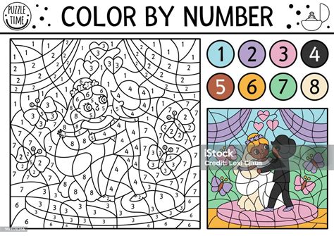 벡터 결혼식 색상 숫자 활동으로 귀여운 결혼 한 부부 춤 첫 번째 춤 결혼식 흑백 카운팅 게임 아이들을 위한 신랑 신부와 색칠 공부 페이지 1위에 대한 스톡 벡터 아트 및