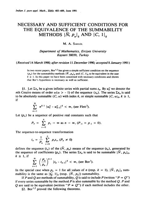 Pdf Necessary And Sufficient Conditions For The Equivalence Of The
