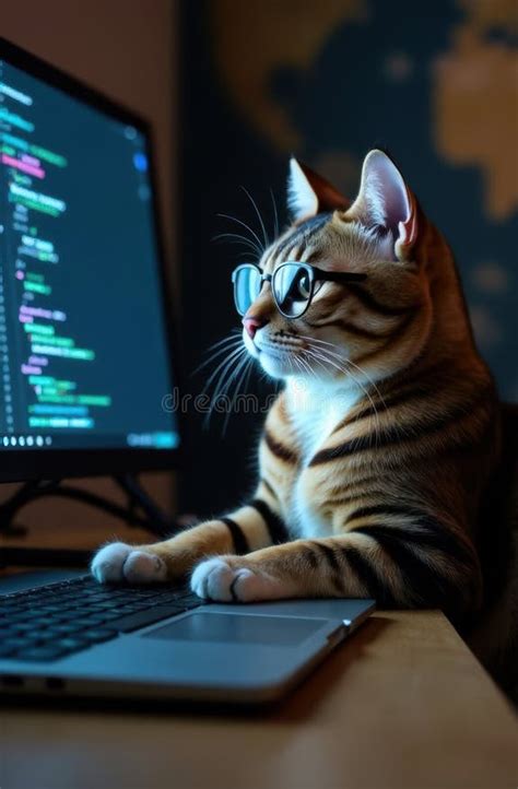 Smart Cat Wearing Glasses Working On Laptop And Coding On Computer