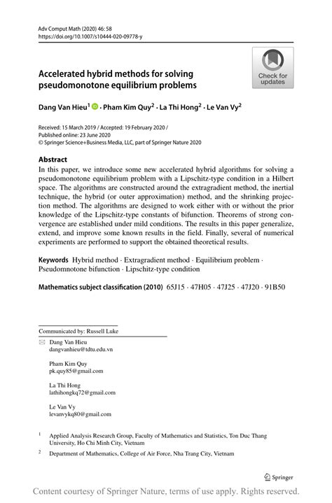 Accelerated Hybrid Methods For Solving Pseudomonotone Equilibrium Problems Request Pdf