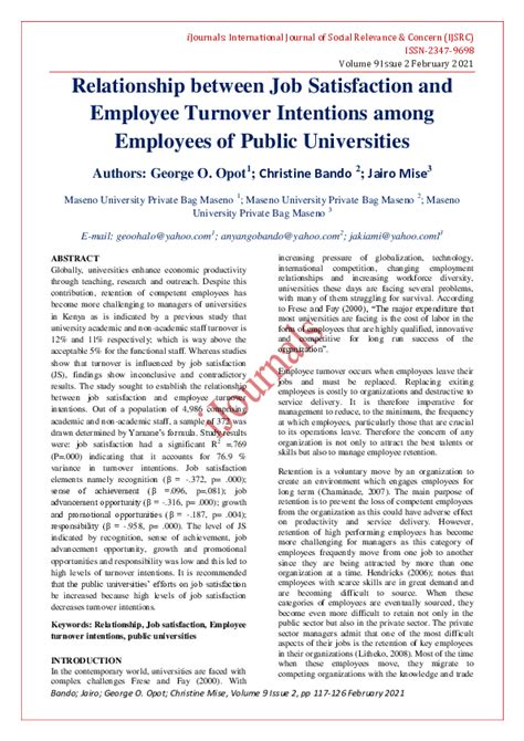 Pdf Relationship Between Job Satisfaction And Employee Turnover Intentions Among Employees Of
