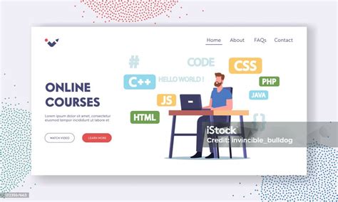 온라인 코스 랜딩 페이지 템플릿 프로그래밍 언어를 개발하는 랩톱에서 프로그래머 캐릭터 작업 Php 프로그래밍 언어에 대한 스톡 벡터 아트 및 기타 이미지 Istock