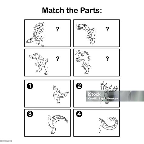 일치하는 어린이 교육 게임 미취학 아동과 유아를위한 활동 반쪽에 맞추기 공룡 색칠 시트 반면에 대한 스톡 벡터 아트 및 기타