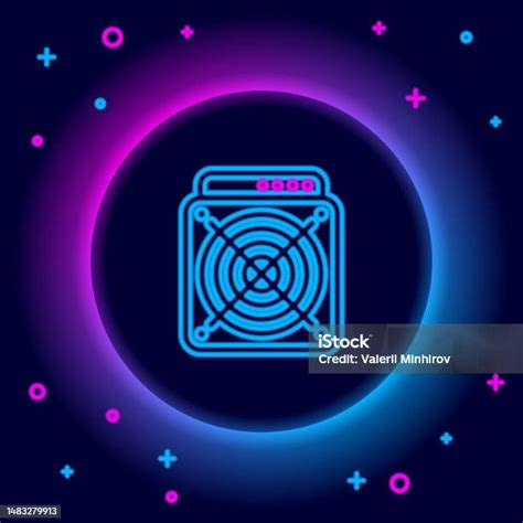 검은 배경에 격리된 빛나는 네온 라인 Asic 광부 아이콘 암호화폐 채굴 장비 및 하드웨어 응용 분야별 집적 회로 다채로운 개요