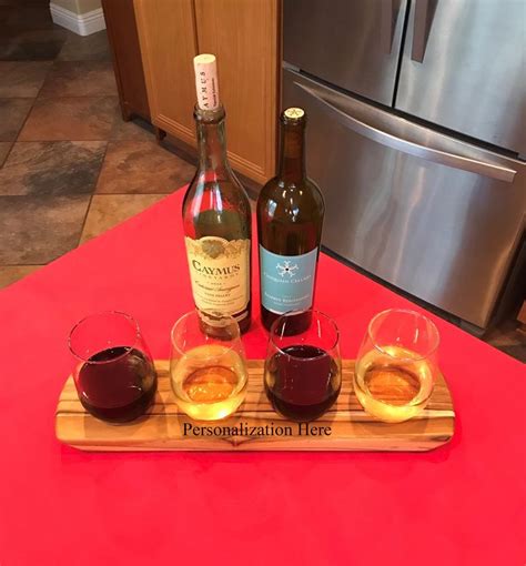 Personalized Wine Set Serving Tray Teak 4 Stemless Wine Glasses