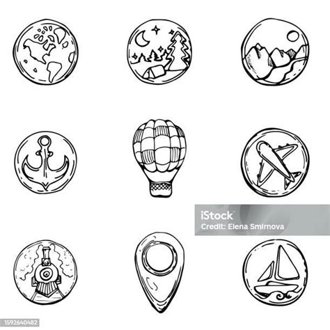잉크 손으로 그린 벡터 스케치 격리된 개체입니다 아이콘 배지 핀 운송 하이킹 캠핑 자연 위치 커서 세트 관광 여행 브로셔 결혼식 가이드 인쇄 카드 문신을 위한 디자인 개체