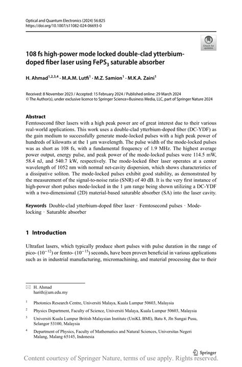 108 Fs High Power Mode Locked Double Clad Ytterbium Doped Fiber Laser Using Feps3 Saturable