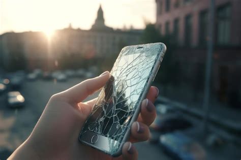 Premium AI Image Broken Phone Hand City Sunrise Cellphone Equipment Digital Touch Crash