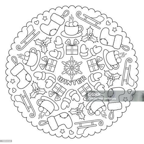 겨울 크리스마스와 새해 복 많이 받으세요 썰매 장갑 컵 코코아 마시멜로 선물 양말 눈송이와 함께 아이들을위한 색칠 페이지 만다라 벡터 일러스트레이션 만다라에 대한 스톡 벡터