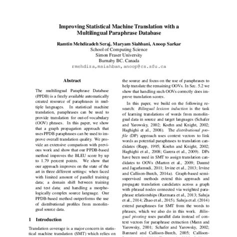 Improving Statistical Machine Translation With A Multilingual Paraphrase Database Acl Anthology