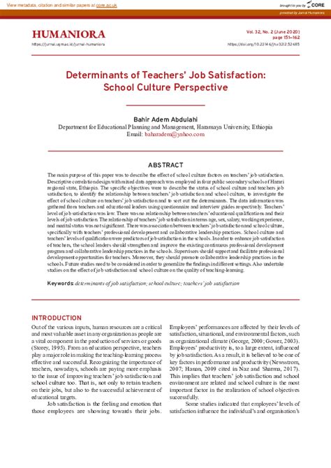 Pdf Determinants Of Teachers Job Satisfaction School Culture Perspective