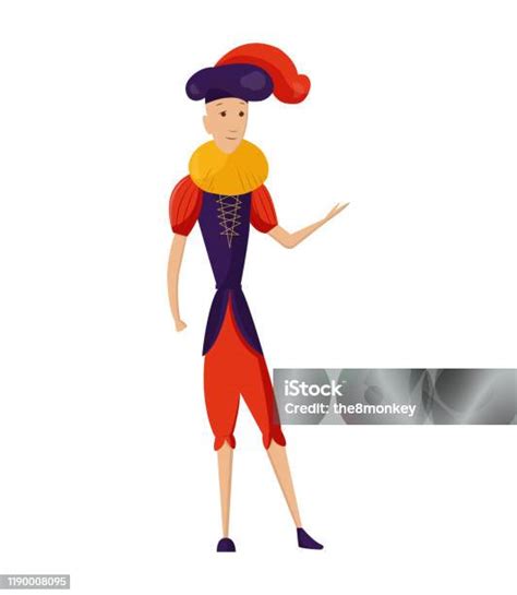 중세 패션 빈티지 드레스 르네상스 의류 벡터 남자 캐릭터입니다 역사적인 왕실 의상 일러스트 흰색 배경에 고립 된 예술 의상 천을 입은 바로크 인 바로크 양식에 대한 스톡