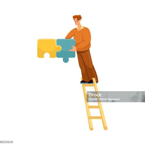 남자 팀원 캐릭터 보류 직소 퍼즐 사다리 벡터 일러스트 레이 션 개념에 대한 스톡 벡터 아트 및 기타 이미지 개념 개발 긍정적인 감정 표현 Istock
