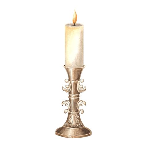 Premium Photo Candle In Bronze Candlestick In Vintage Warm Light Lantern Hand Drawn Watercolor