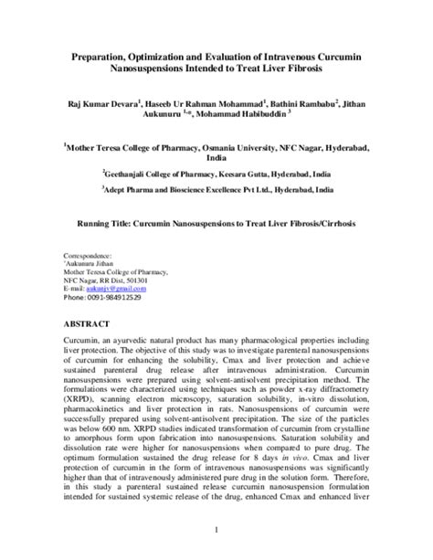Pdf Preparation Optimization And Evaluation Of Intravenous Curcumin Nanosuspensions Intended
