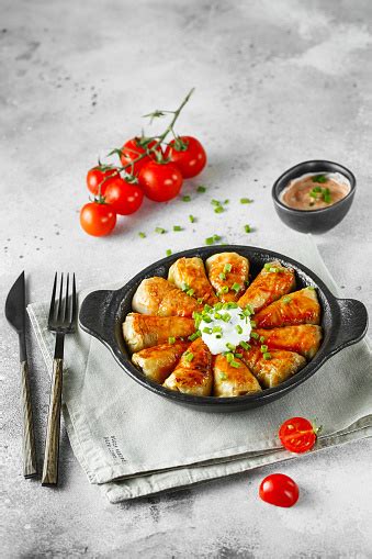 러시아 박제 양배추 롤은 토마토 녹색 양파와 회색 배경에 내 열 블랙 요리의 사 워 크림과 함께 제공 됩니다 음식 사진 0명에 대한 스톡 사진 및 기타 이미지 Istock