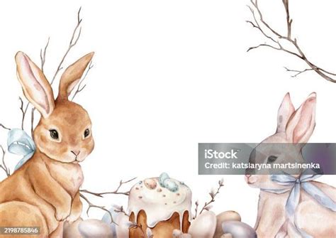부활절 케이크와 그린 달걀과 나뭇 가지와 토끼 또는 토끼와 함께 수채화 수평 엽서 부활절 휴일 그림 카드 위한 고립된 배경 에 그려진 손 공휴일에 대한 스톡 벡터 아트 및