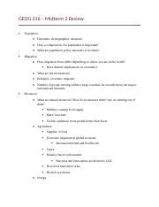 GEOG 216 Midterm 2 Review GEOG 216 Midterm 2 Review Population O Dynamics Demographies