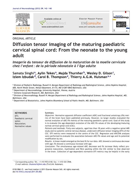 Pdf Diffusion Tensor Imaging Of The Maturing Paediatric Cervical Spinal Cord From The Neonate