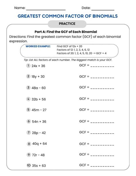 Greatest Common Factor Gcf Of Binomials Factoring Practice