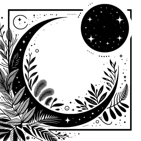 Intricate Black And White Celestial Illustration Featuring A Crescent Moon With Botanical