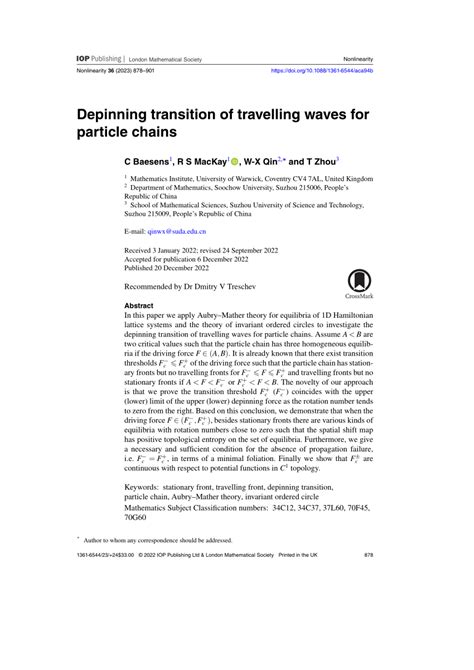 Depinning Transition Of Travelling Waves For Particle Chains Request Pdf