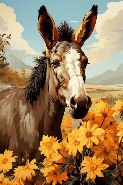 친절한 눈으로 팬시를 들고 있는 당나귀의 초상화 ⁇ 니 컬러 Y 빈티지 포스터 2d 플래트 디자인 아트 프리미엄 사진