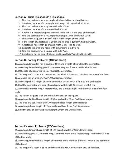 Mensuration Part 1 Rectangle Class 7 Worksheet Pdf Area Length