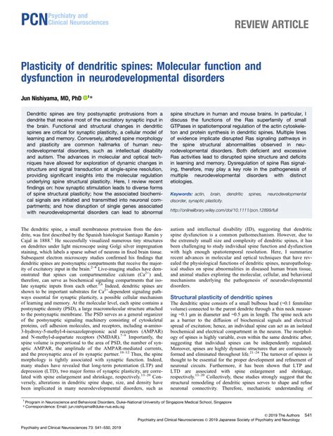 Pdf Plasticity Of Dendritic Spines Molecular Function And